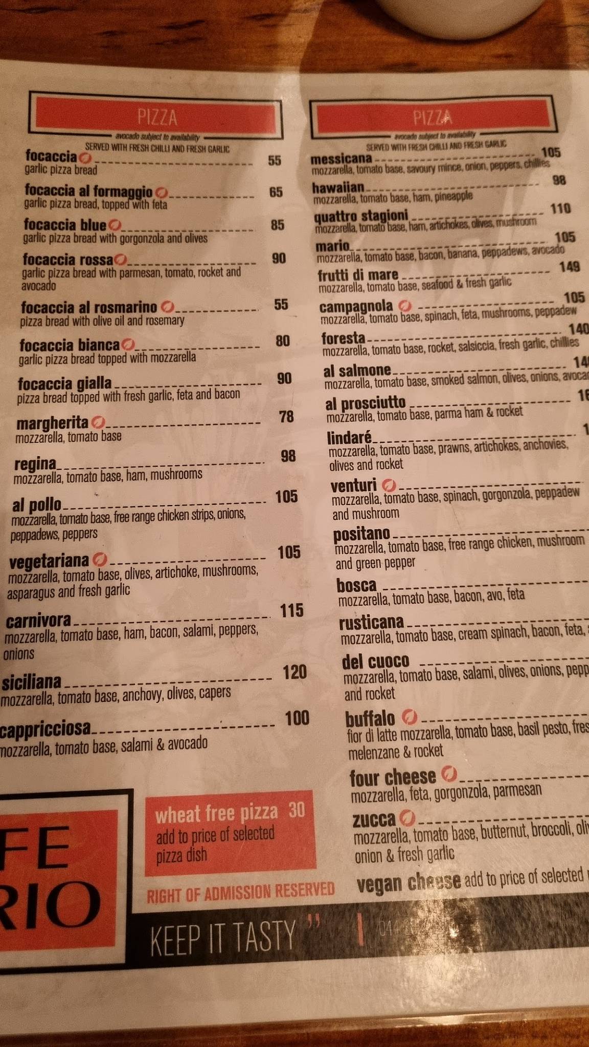 Menu at Caffe Mario Knysna restaurant, Knysna
