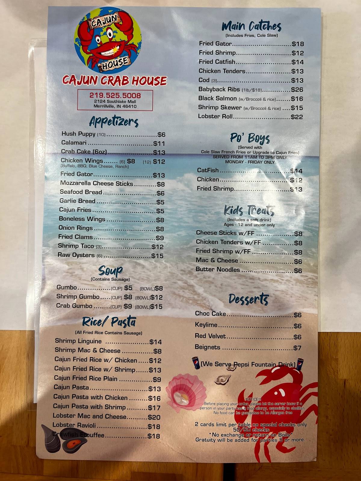 Menu at Cajun Crab House restaurant, Merrillville