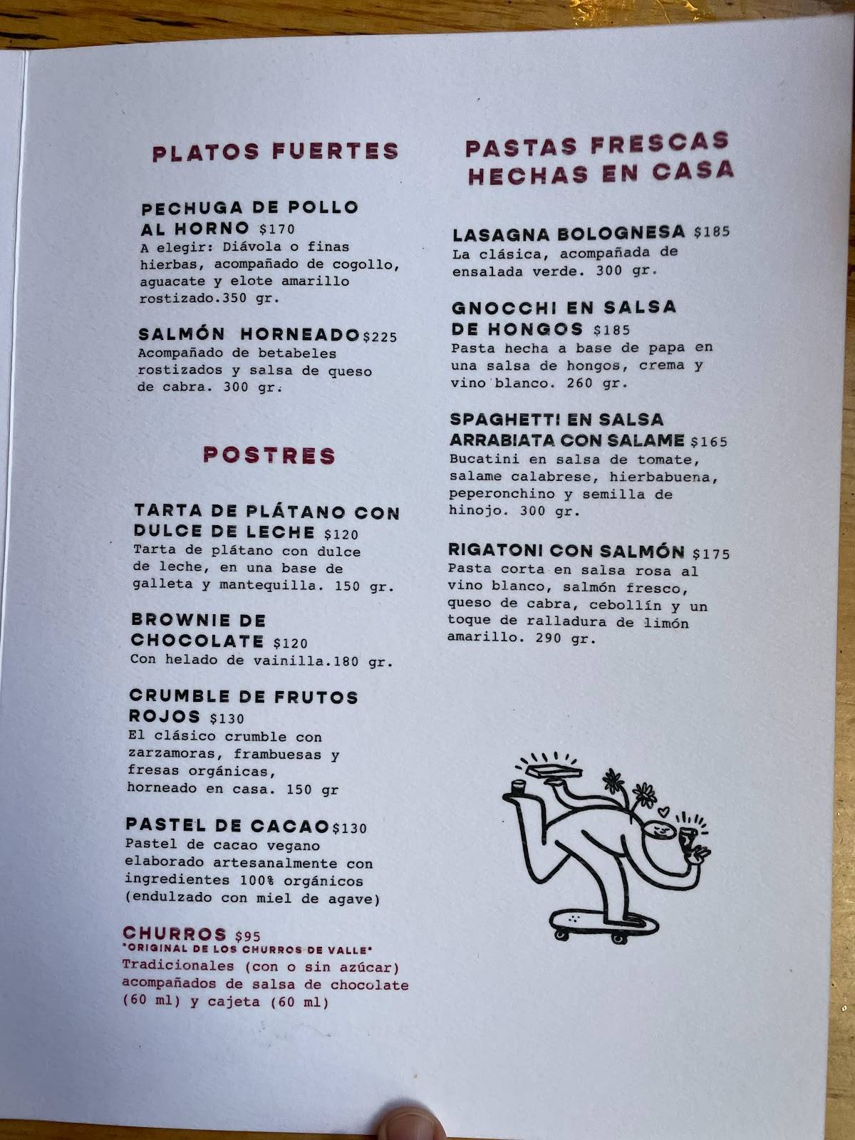 Carta del restaurante Cancino, Ciudad del México