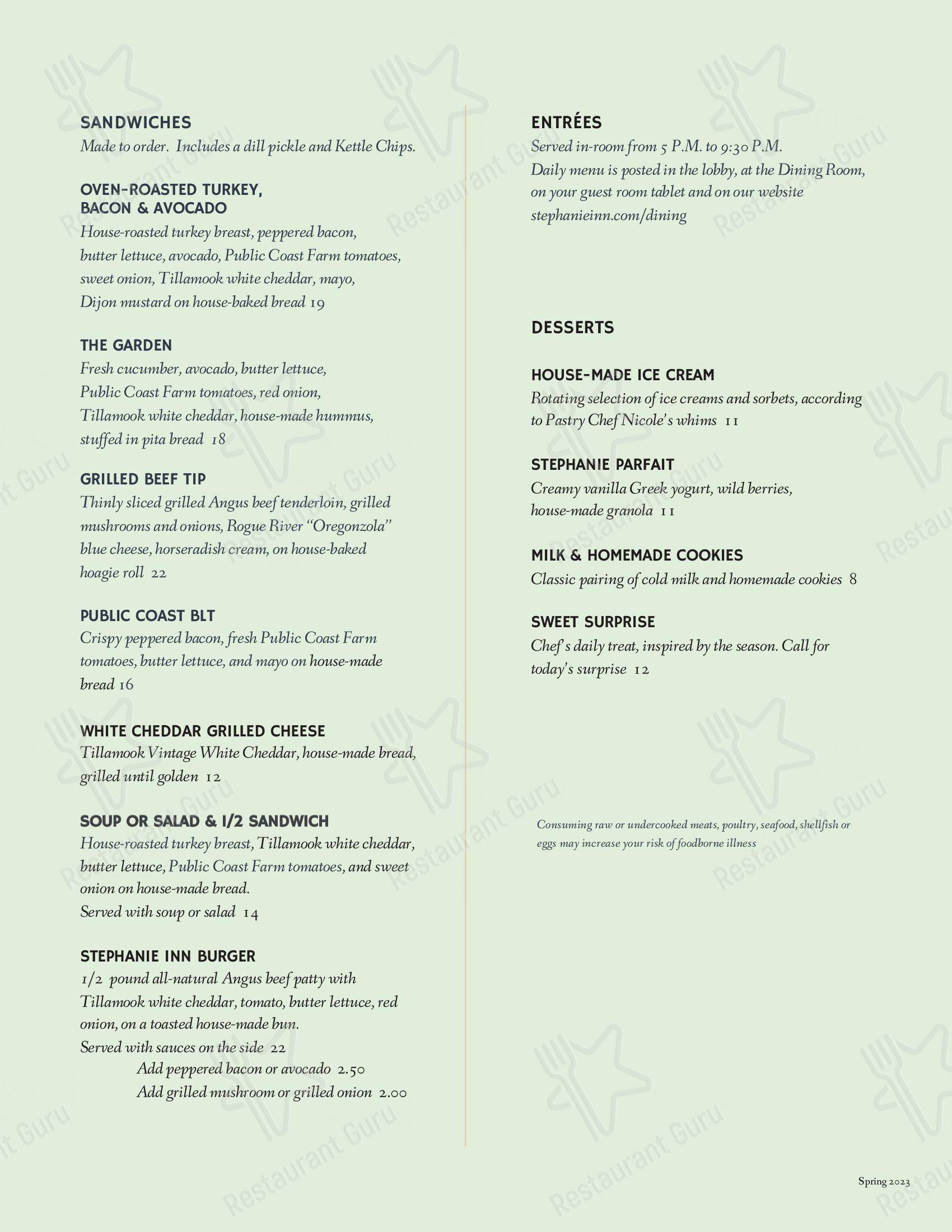 Menu at Stephanie Inn & Dining Room restaurant, Cannon Beach