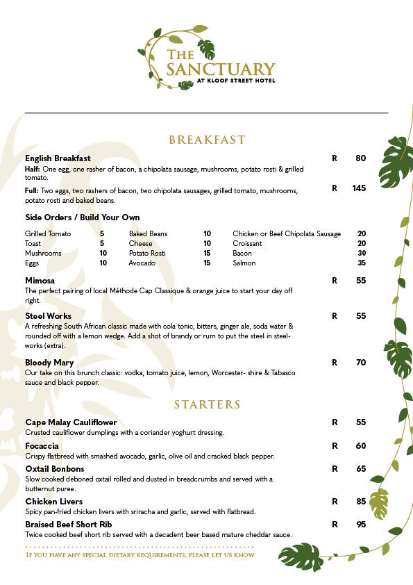 Menu at The Sanctuary Restaurant - Cape Town, Cape Town