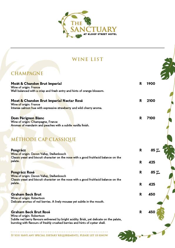 Menu at The Sanctuary Restaurant - Cape Town, Cape Town