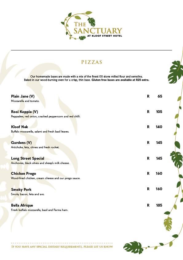 Menu at The Sanctuary Restaurant - Cape Town, Cape Town
