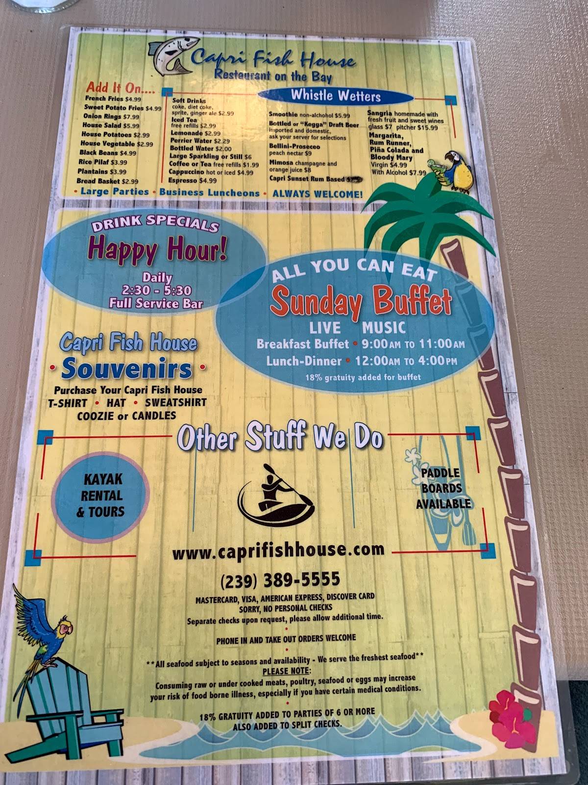 Menu at Capri Fish House restaurant, Marco Island, 203 Capri Blvd