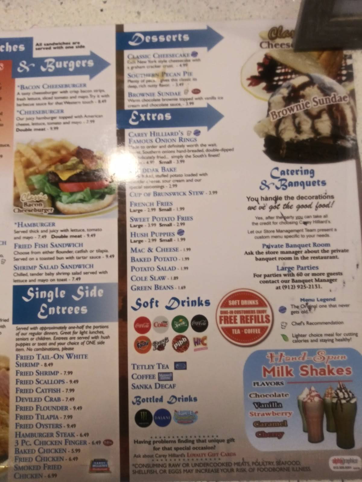 Menu at Carey Hilliard's Restaurant, Savannah, Skidaway Rd