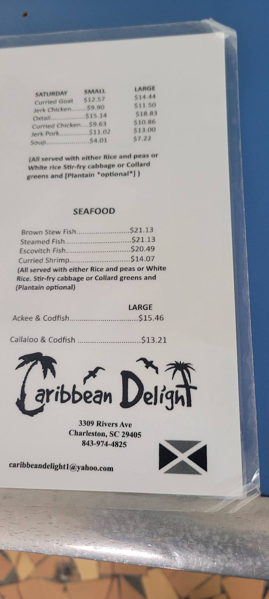 Menu at Caribbean Delight restaurant, North Charleston