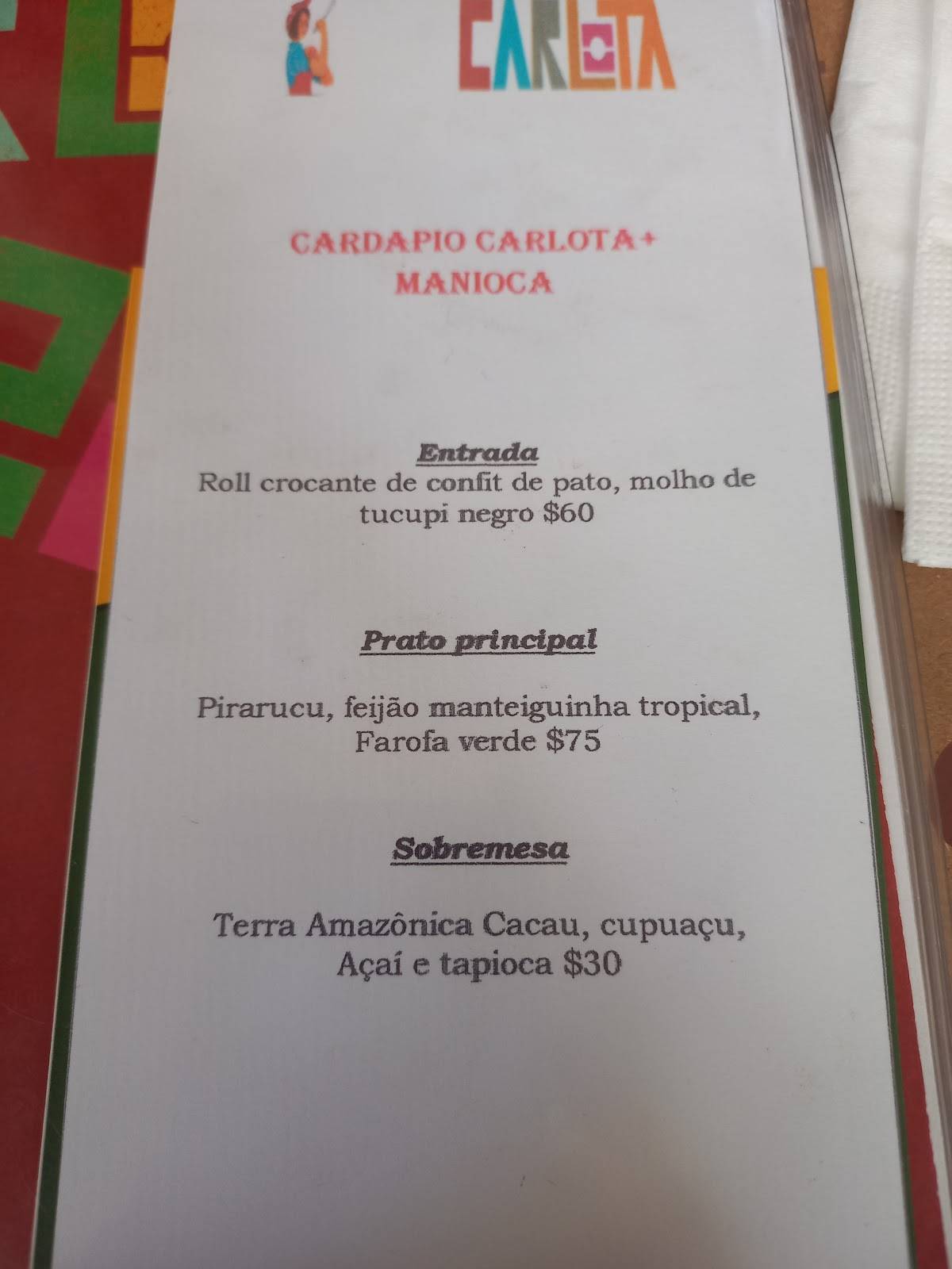 Menu em Carlota restaurante, São Paulo, Rua Sergipe