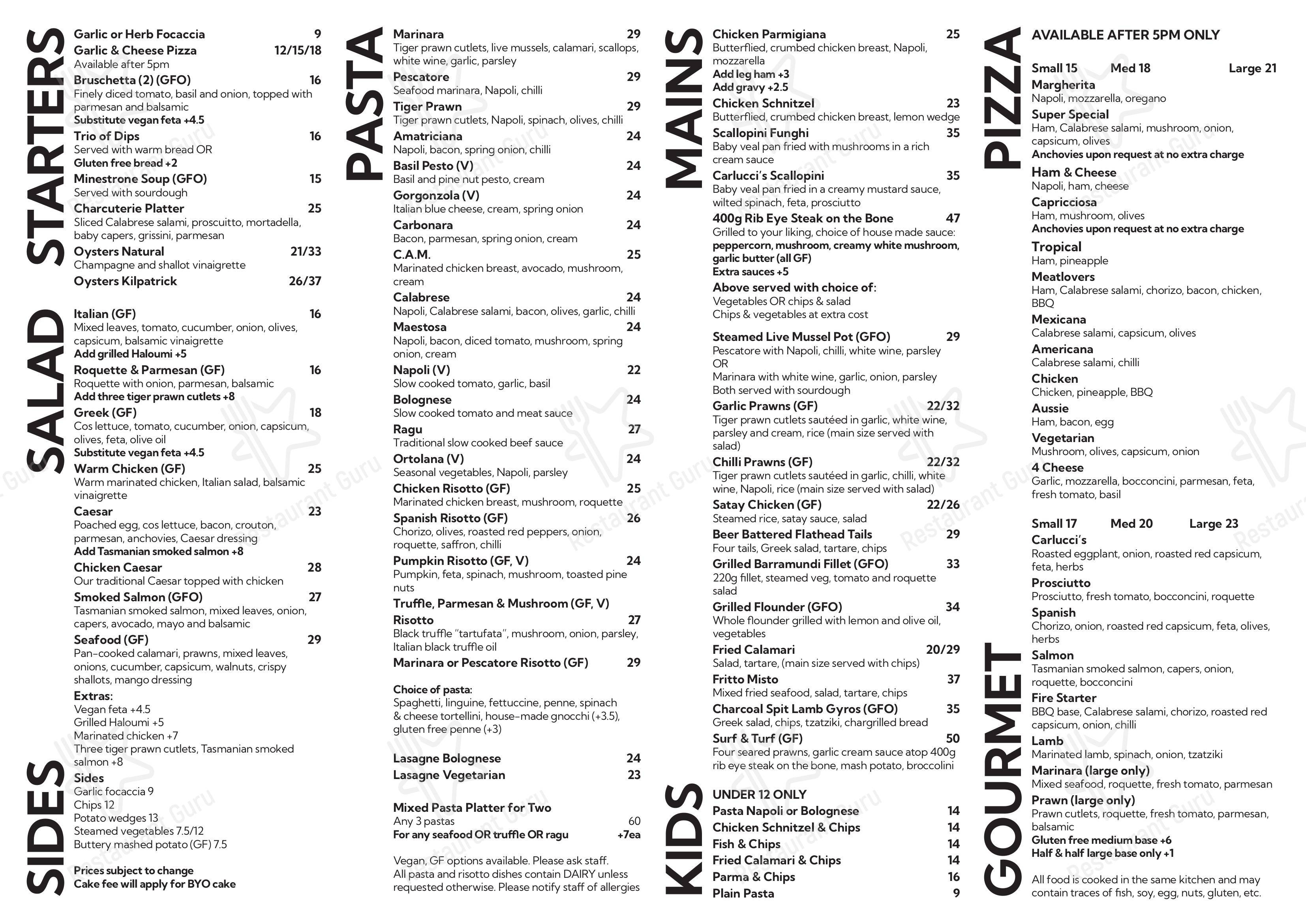 Menu at Carlucci's Restaurant, Templestowe, 134 James St