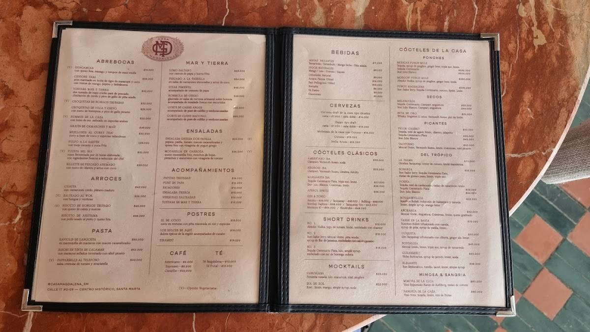 Carta del restaurante Casa Magdalena, Santa Marta