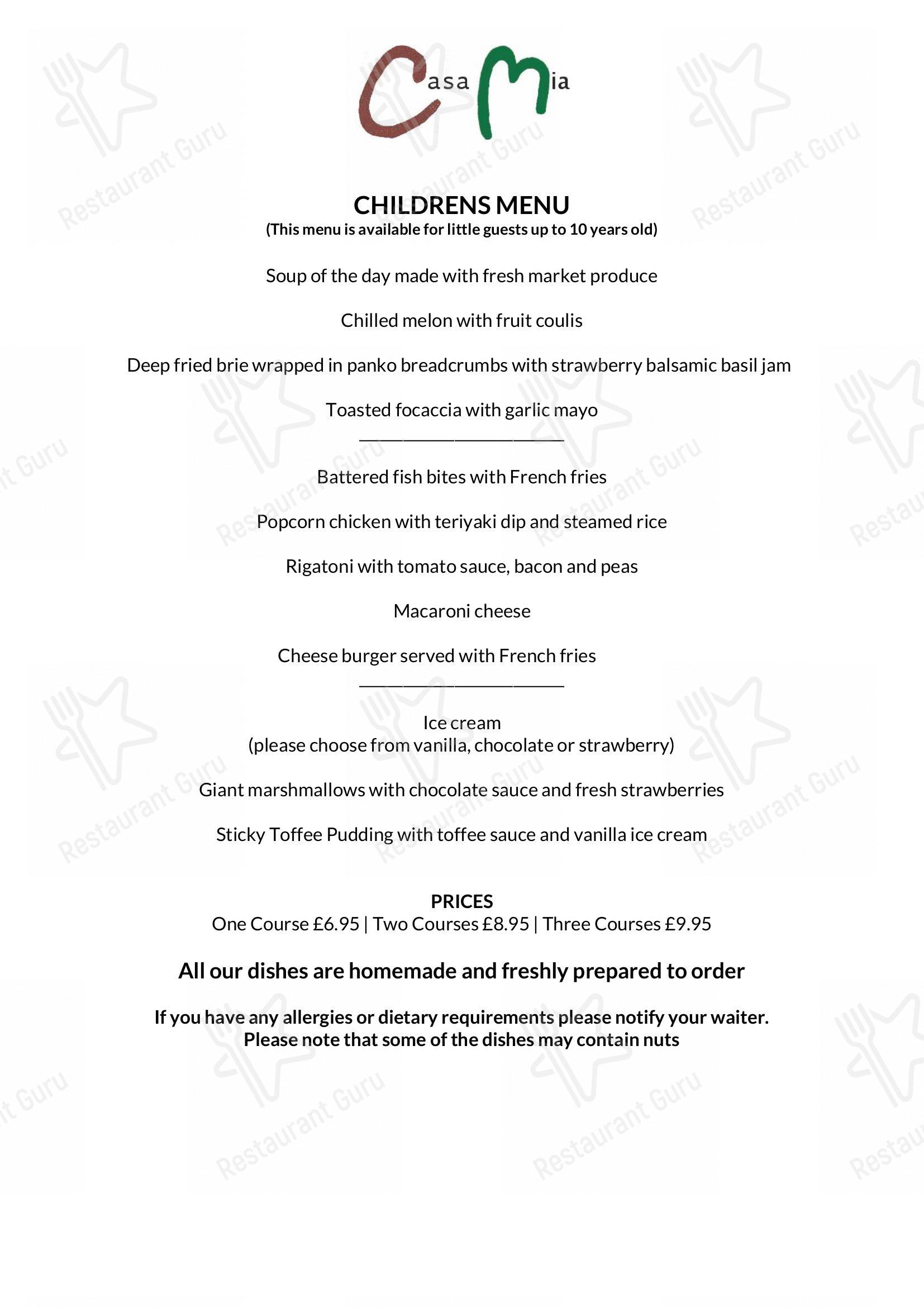 Menu at Casa Mia Dumfries restaurant, Dumfries
