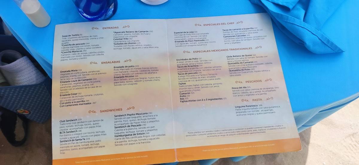 Menu at Cascadas Beach Grill restaurant, Cabo San Lucas, Cam. Viejo a ...