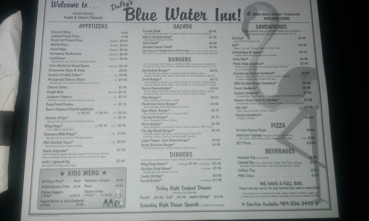Menu at Blue Water Inn pub & bar, Caseville