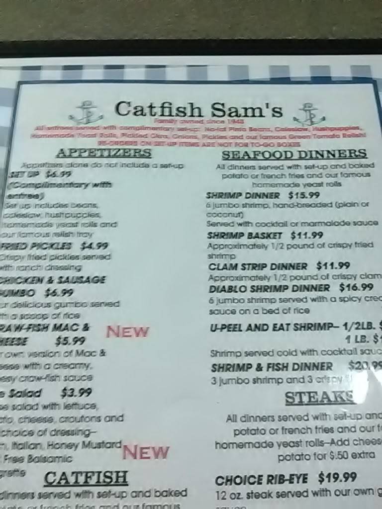 Menu at Catfish Sam's restaurant, Arlington