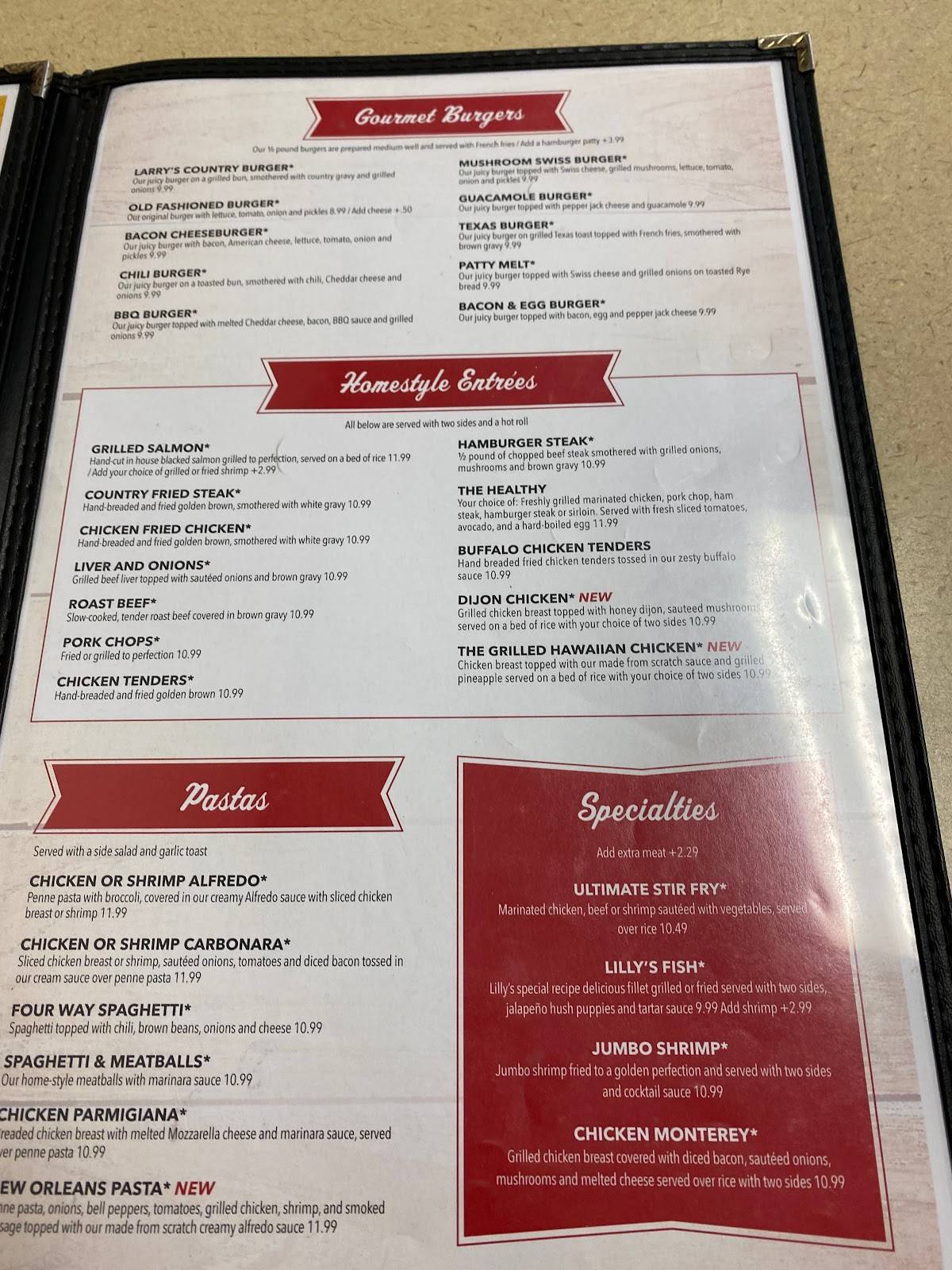 Menu at Lilly's Diner restaurant, Tulsa