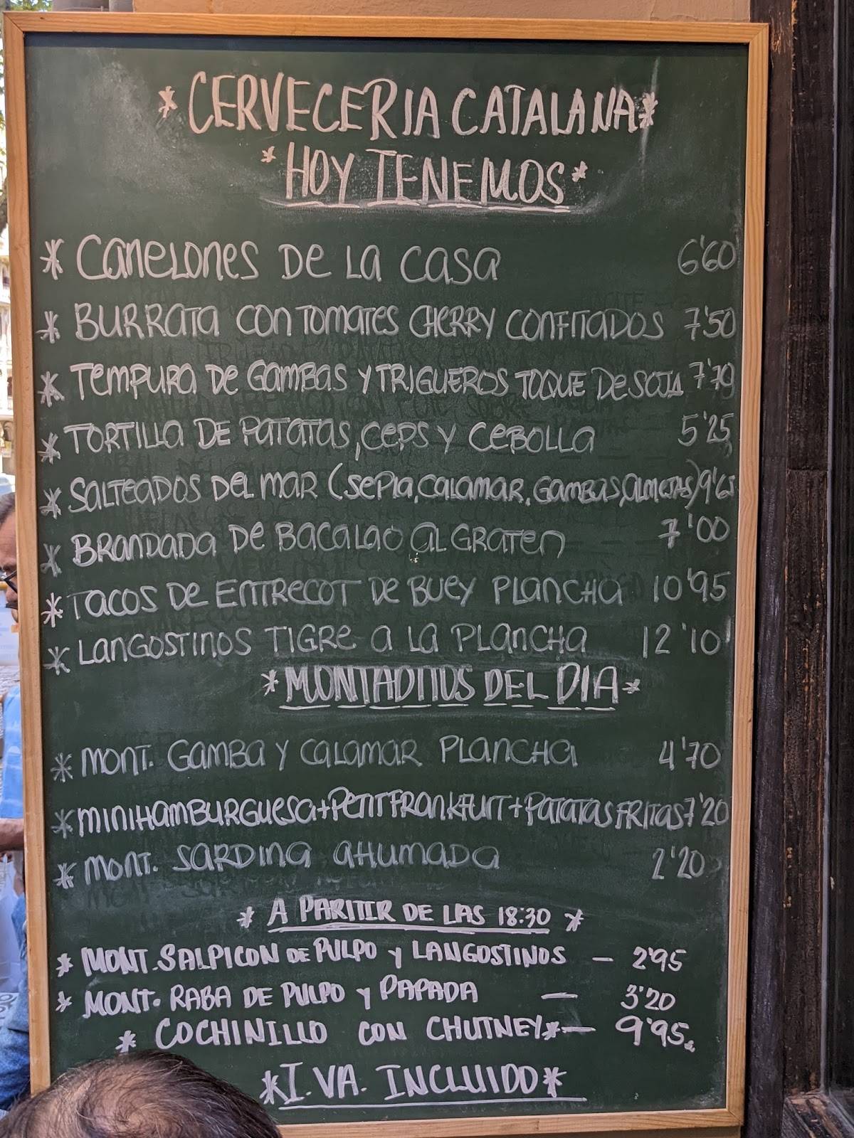 Menu at Cerveceria Catalana restaurant, Barcelona, C/ de Mallorca