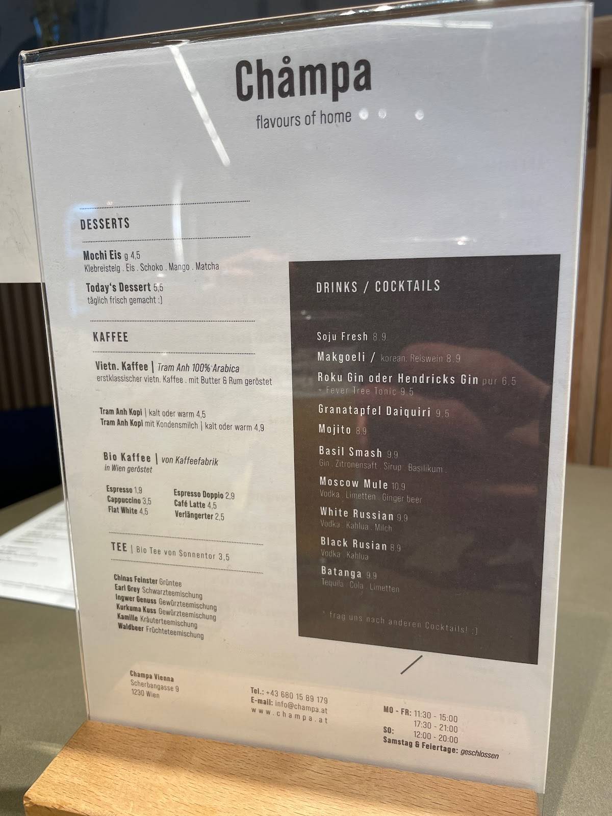 Menu at Champa- Khmer & Vietnamese Restaurant, Vienna