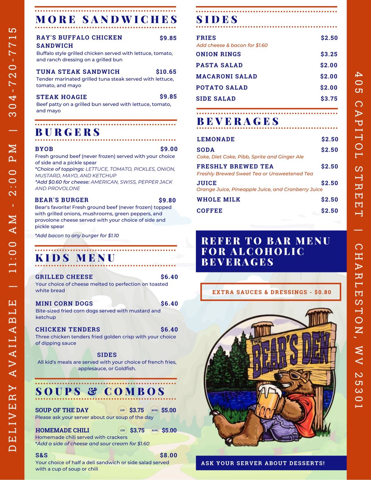 Menu at Bear's Den pub & bar, Charleston