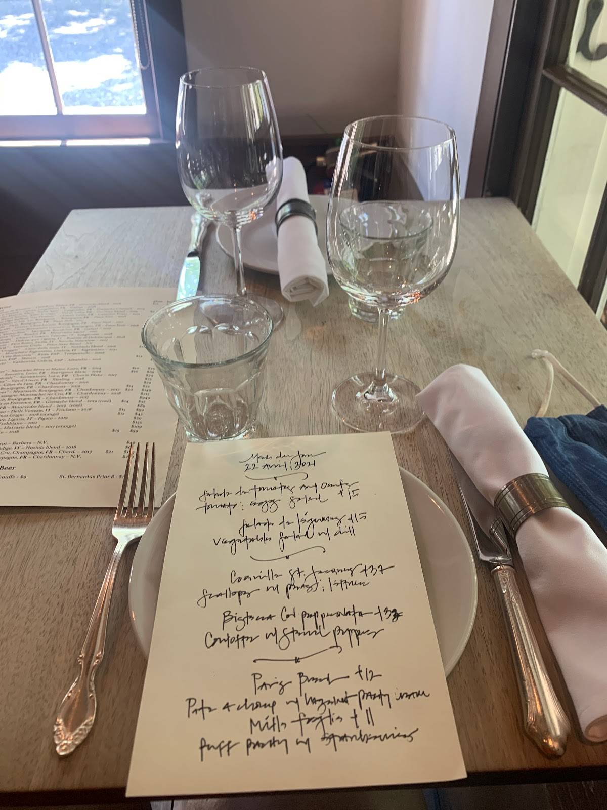 Menu at Chez Nous restaurant, Charleston