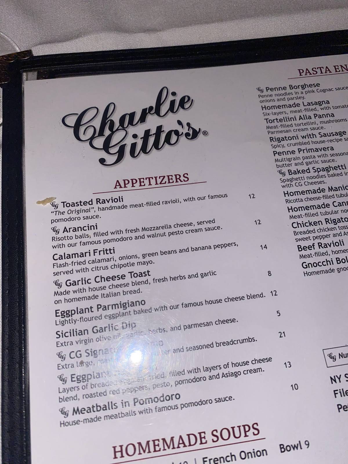 Menu at Charlie Gitto's On the Hill restaurant, St. Louis, Shaw Ave