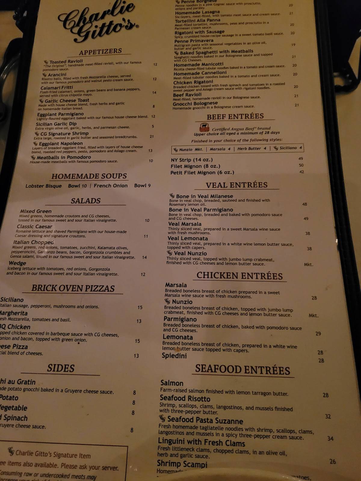 Menu at Charlie Gitto's On the Hill restaurant, St. Louis, Shaw Ave