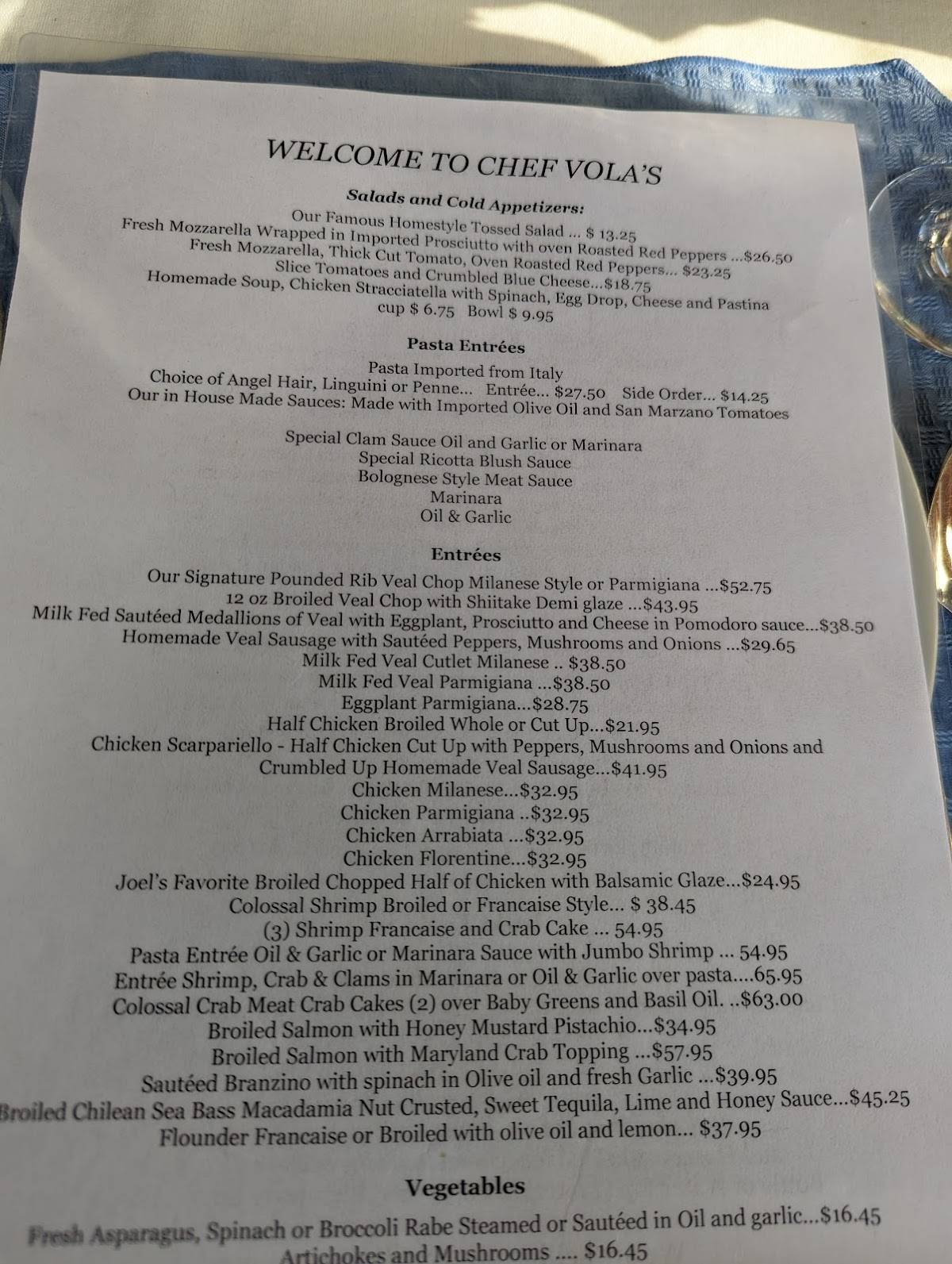 Menu at Chef Vola's restaurant, Atlantic City