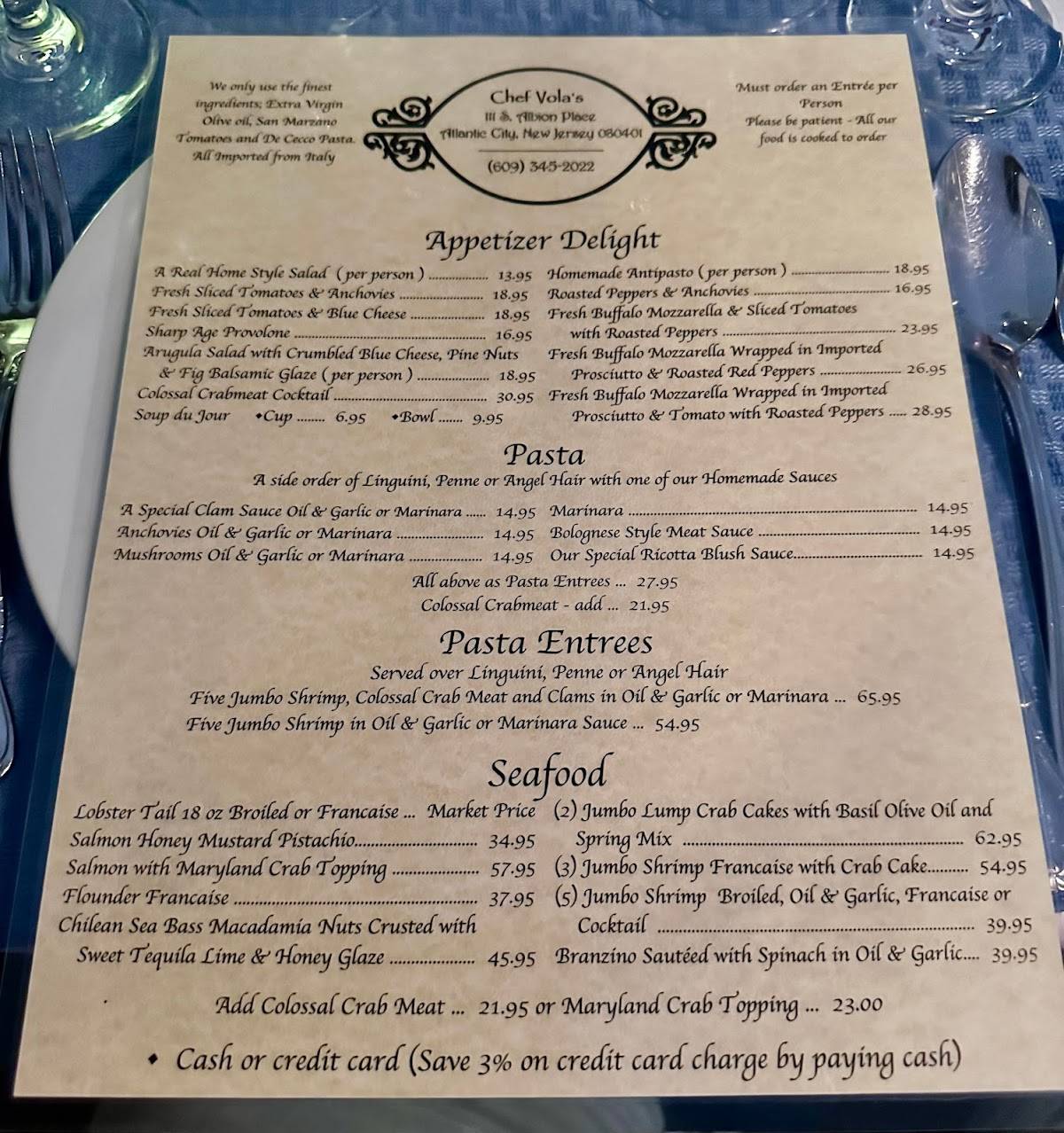 Menu at Chef Vola's restaurant, Atlantic City
