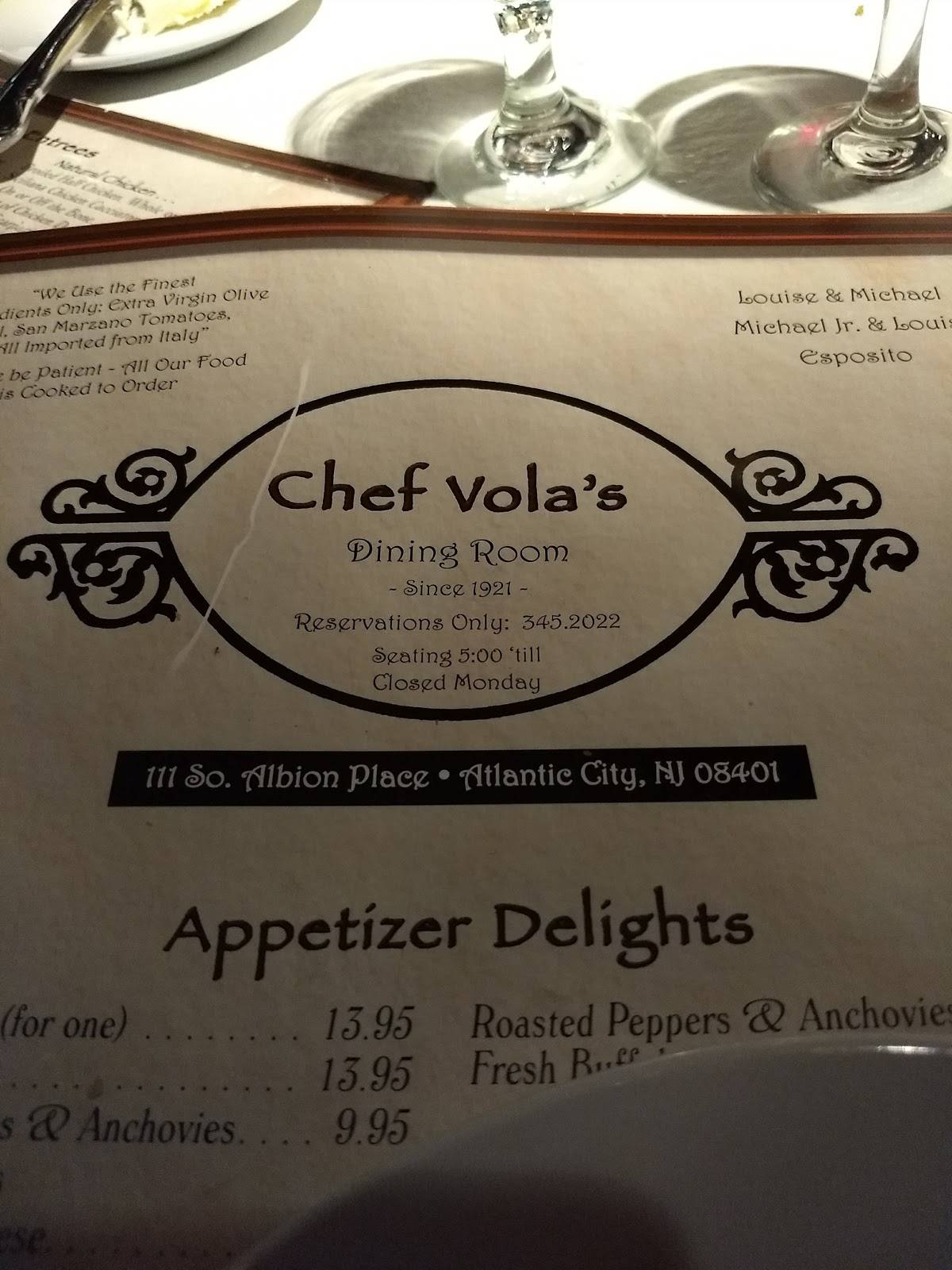 Menu at Chef Vola's restaurant, Atlantic City