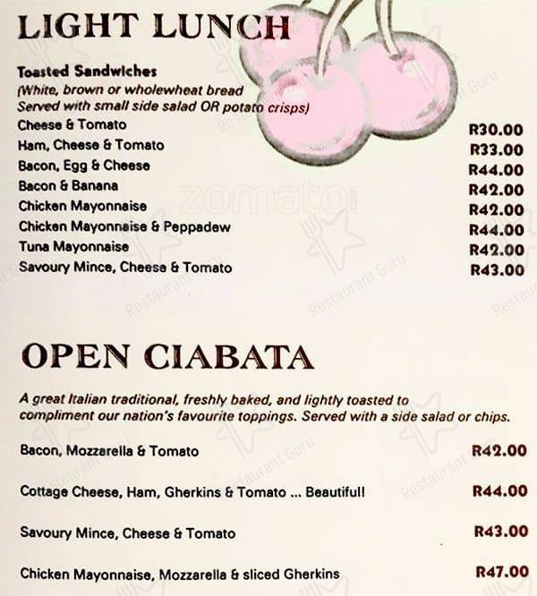 Menu at Cherry Berry cafe, Centurion