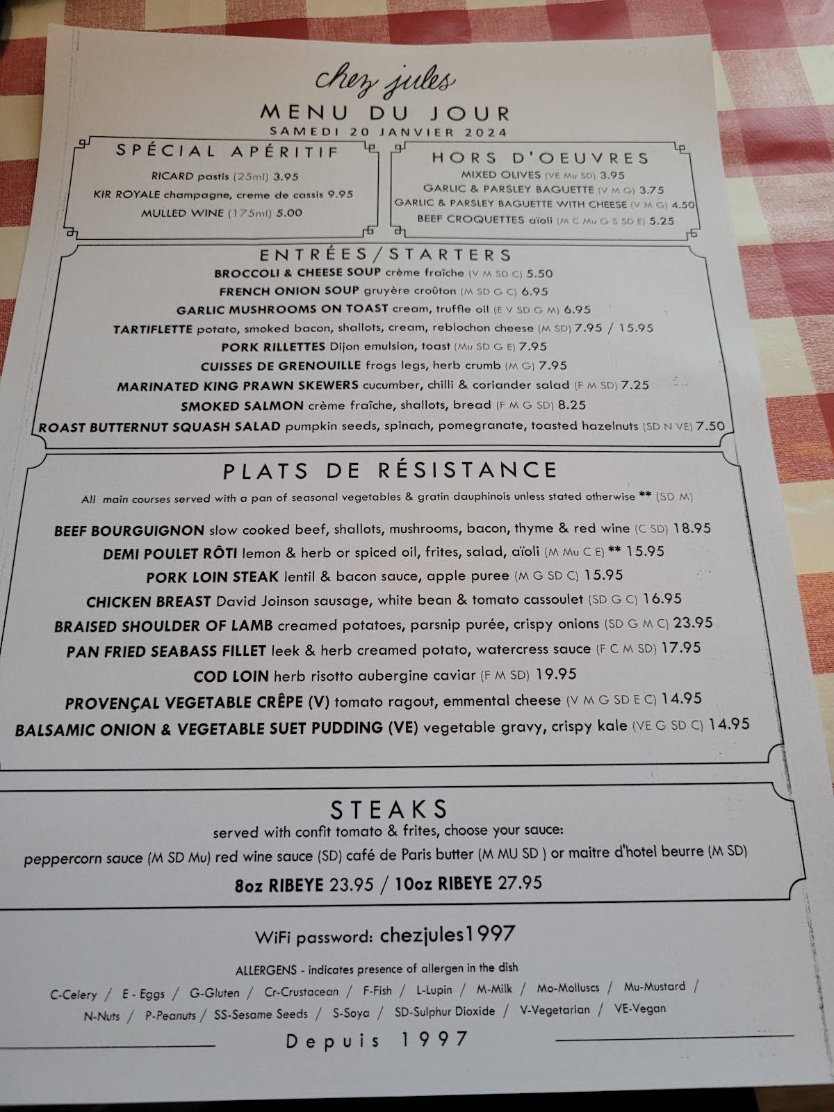 Menu at Chez Jules in Chester restaurant, Chester