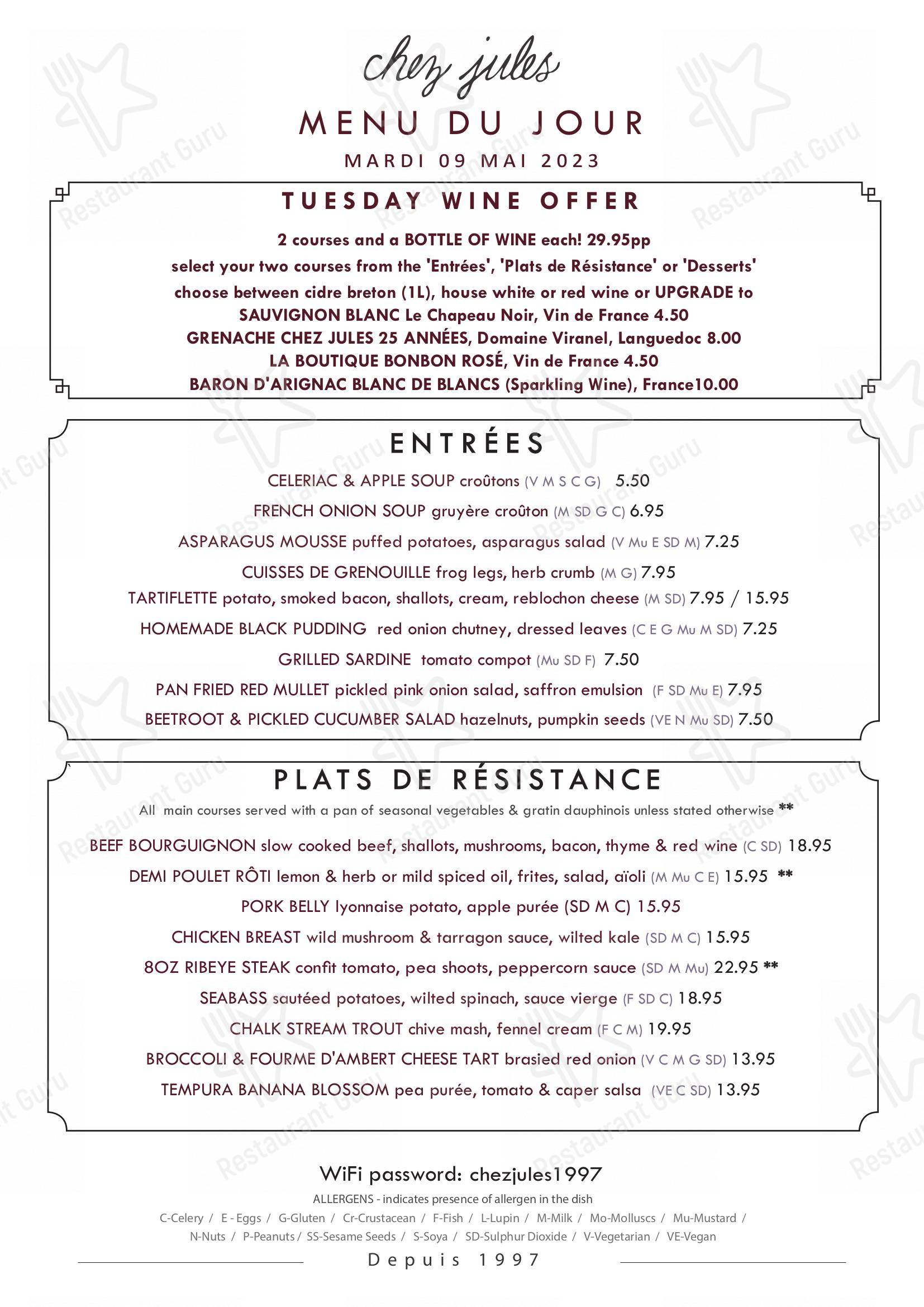 Menu at Chez Jules in Chester restaurant, Chester