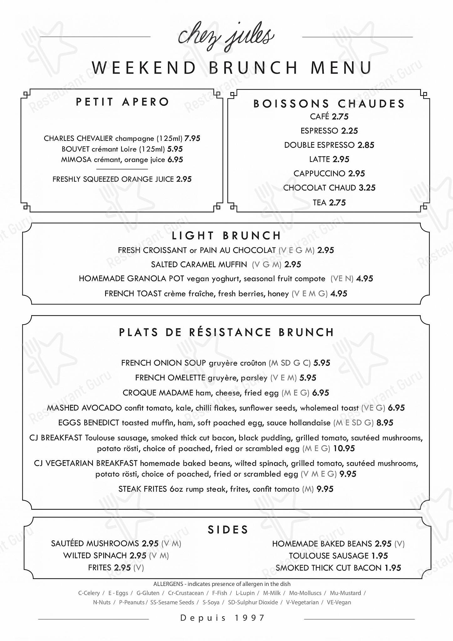 Menu at Chez Jules in Chester restaurant, Chester