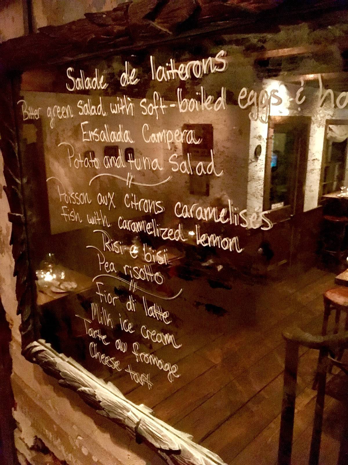 Menu at Chez Nous restaurant, Charleston