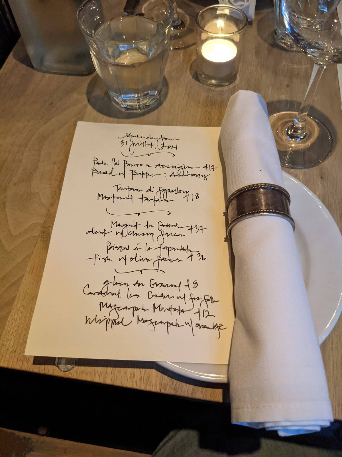 Menu at Chez Nous restaurant, Charleston