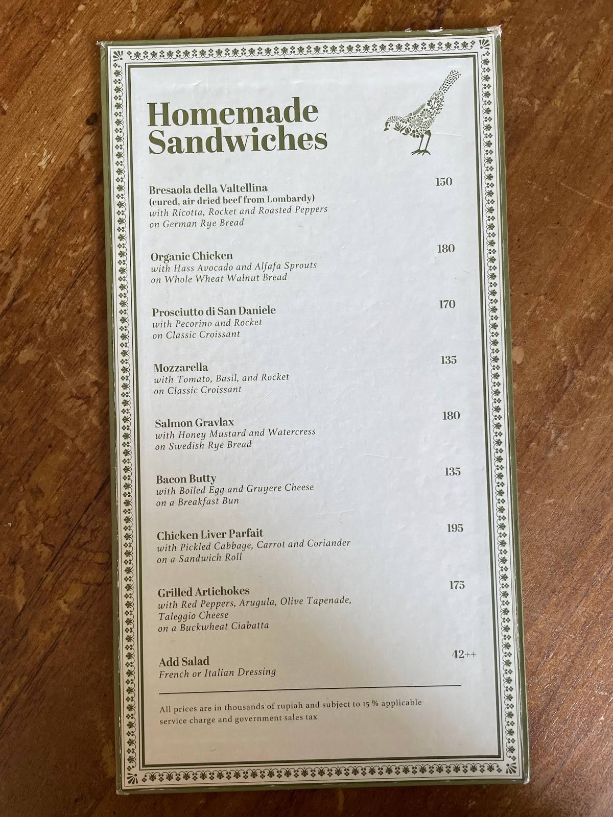 Menu at Chicory European Patisserie cafe, Jakarta