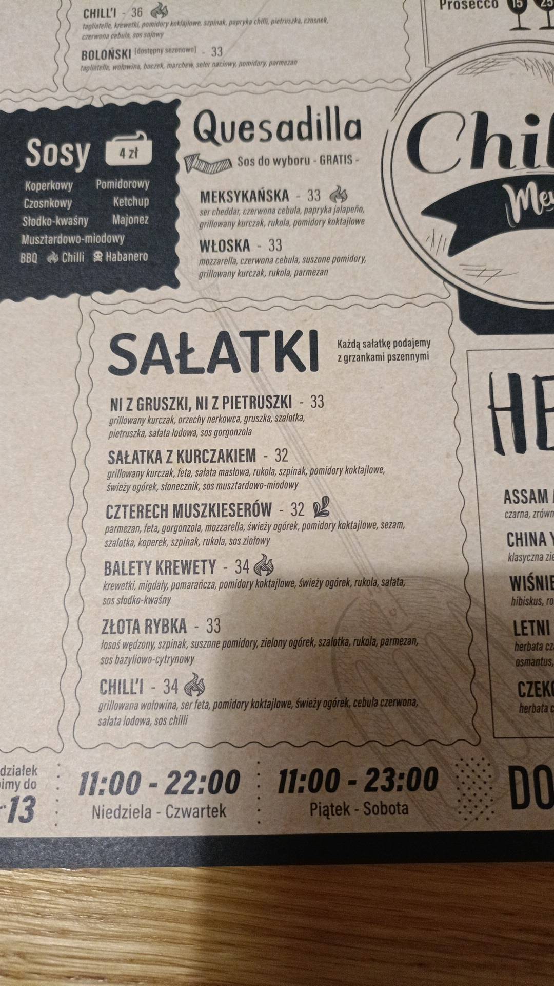 Menu at Chill'i restaurant, Wronki