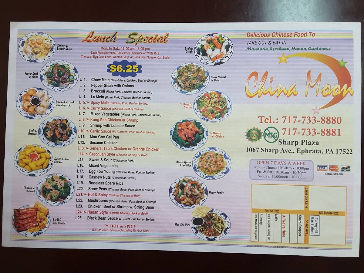 Menu at China Moon restaurant, Ephrata