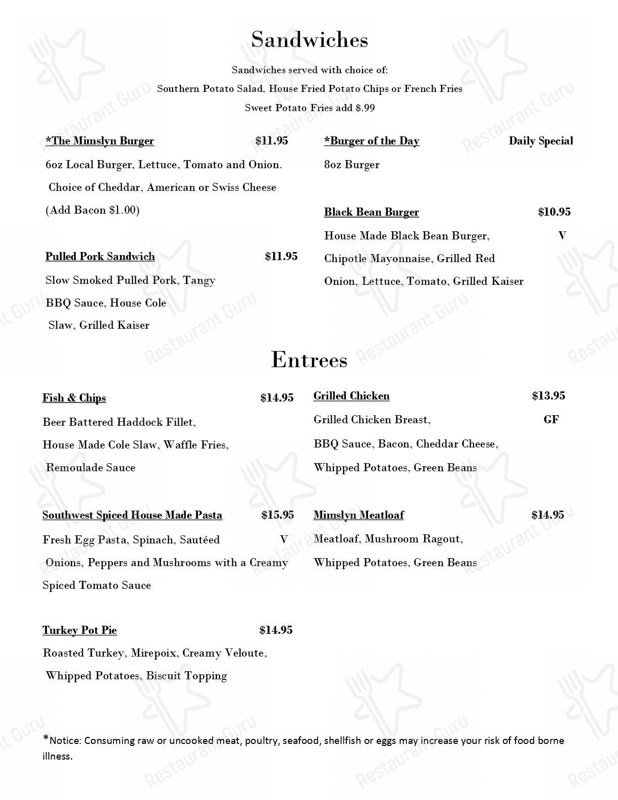 Menu at Circa ‘31 restaurant, Luray