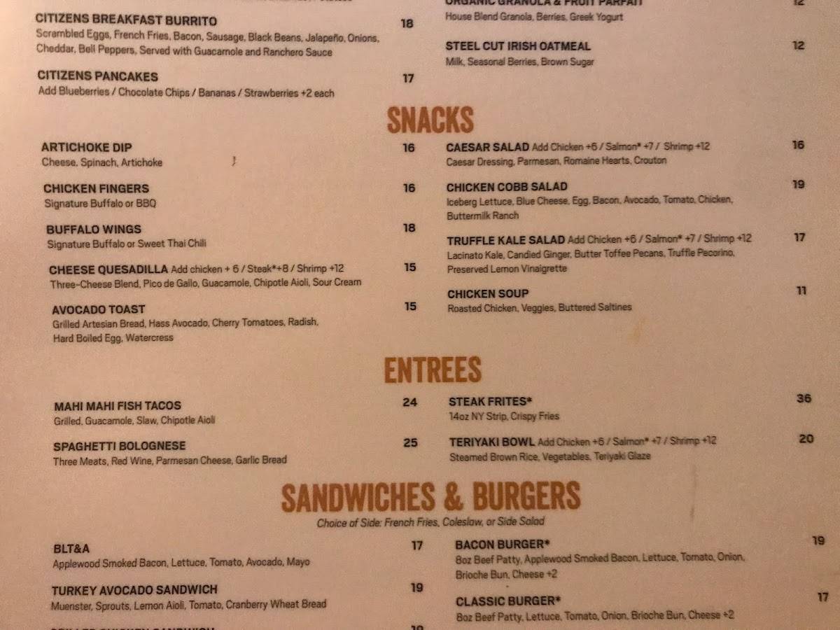 Menu at Citizens Kitchen & Bar, Las Vegas