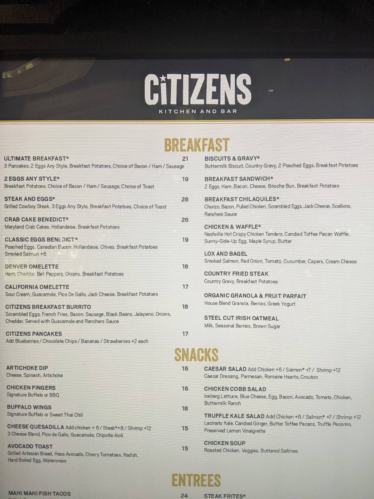 Menu at Citizens Kitchen & Bar, Las Vegas