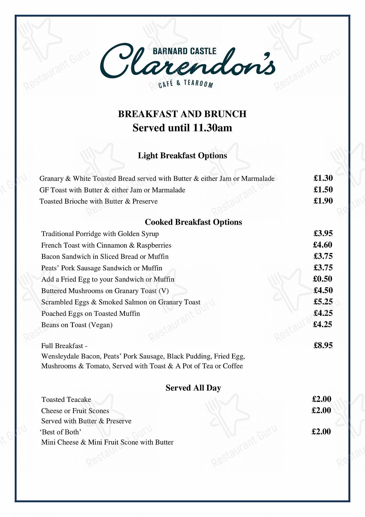 Menu at Clarendon's cafe, Barnard Castle