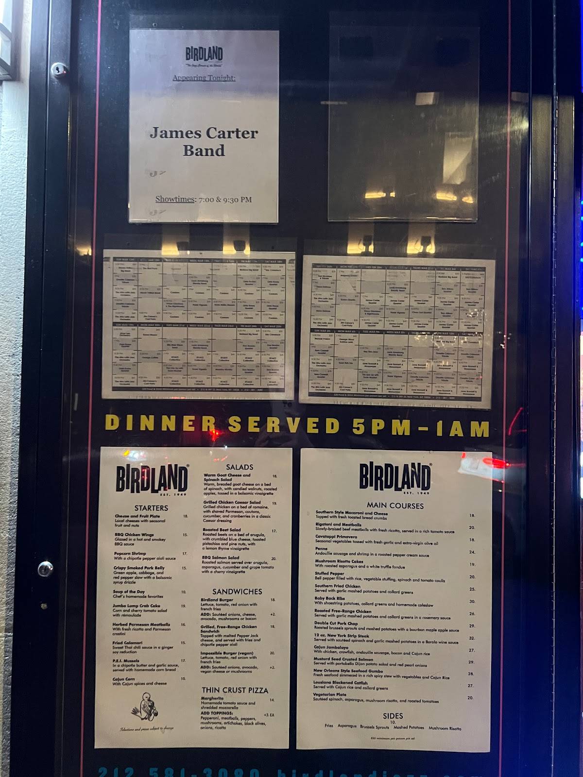 Menu at Birdland Jazz Club, West New York