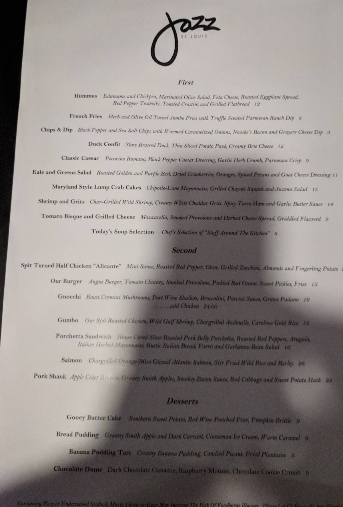Menu at Jazz St. Louis club, St. Louis, Washington Ave