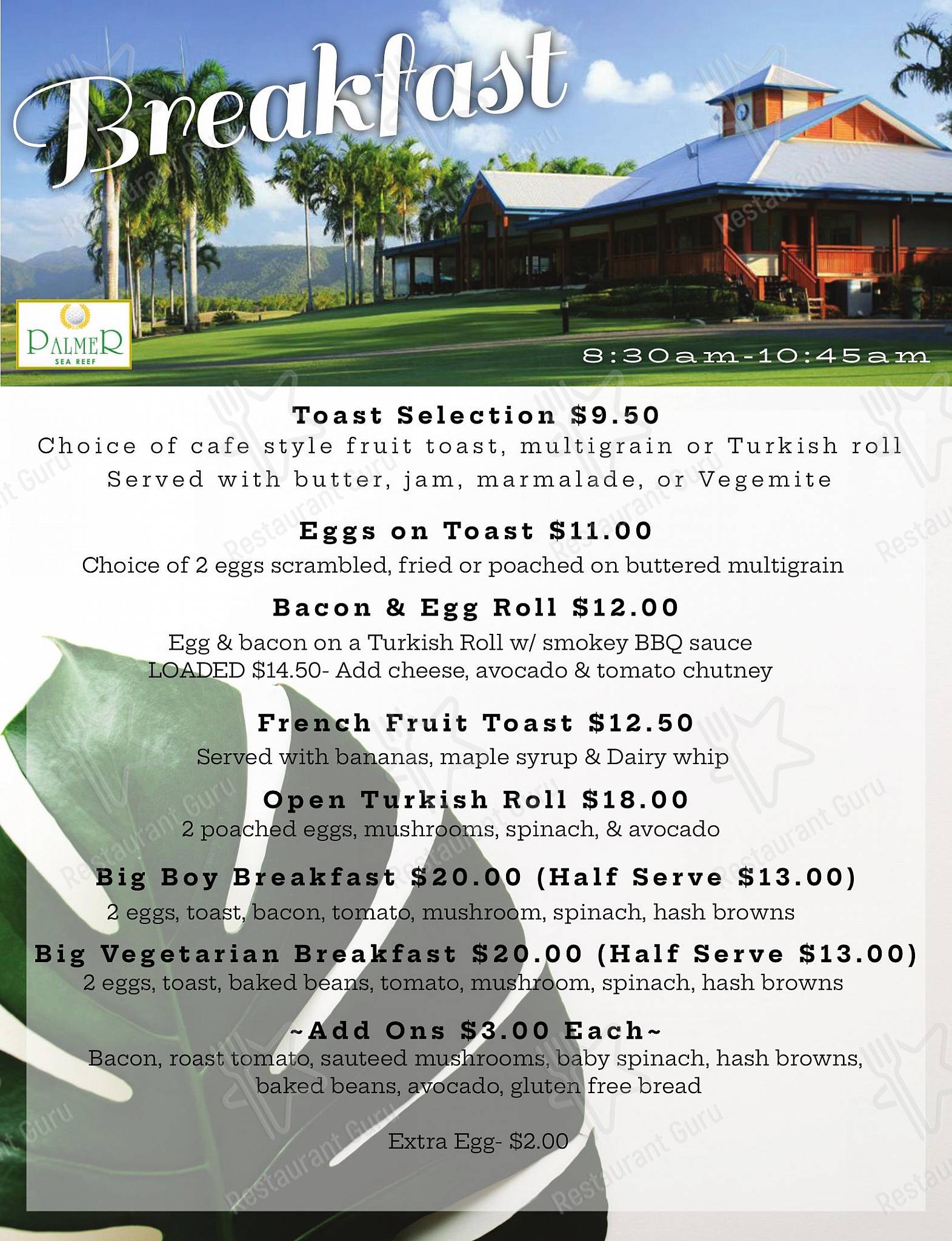Menu at Palmer Sea Reef Golf Course club, Port Douglas