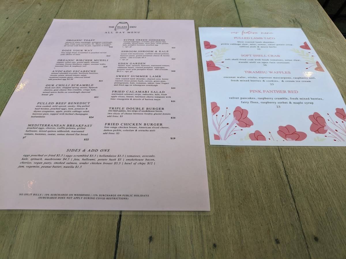 Menu at The Glass Den cafe, Coburg