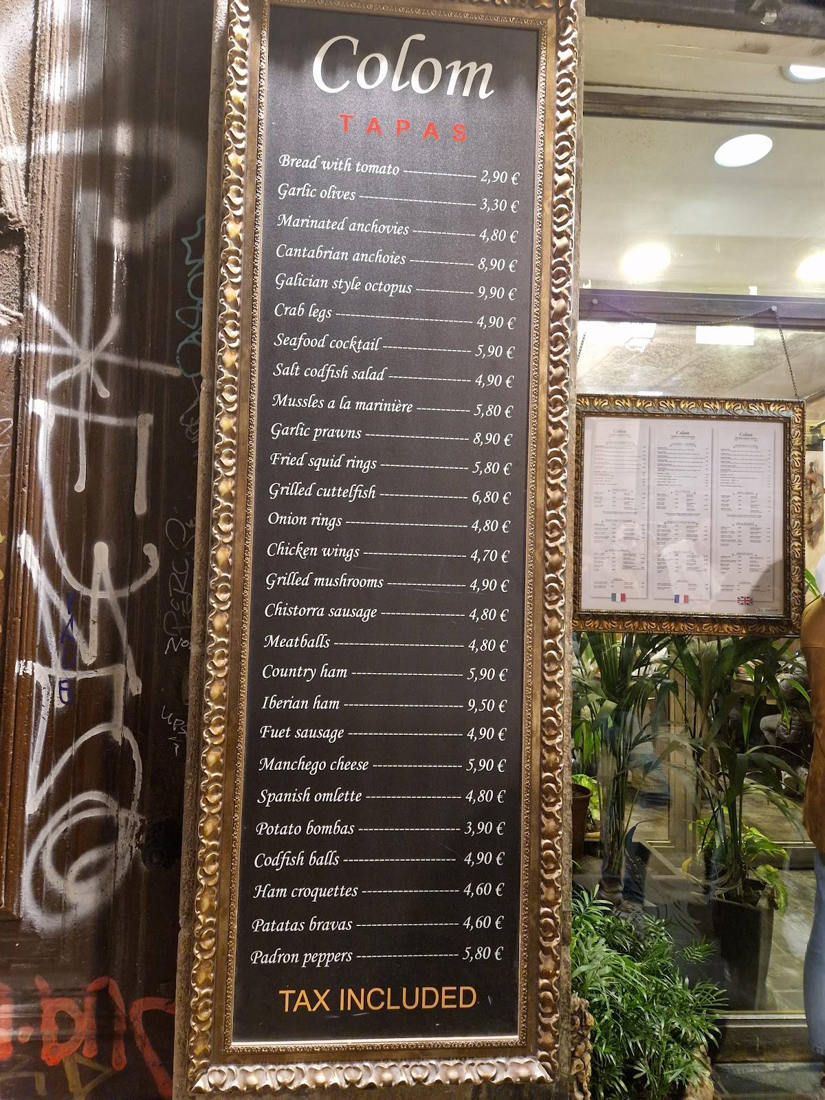Menu at Colom Restaurant, Barcelona, Carrer dels Escudellers