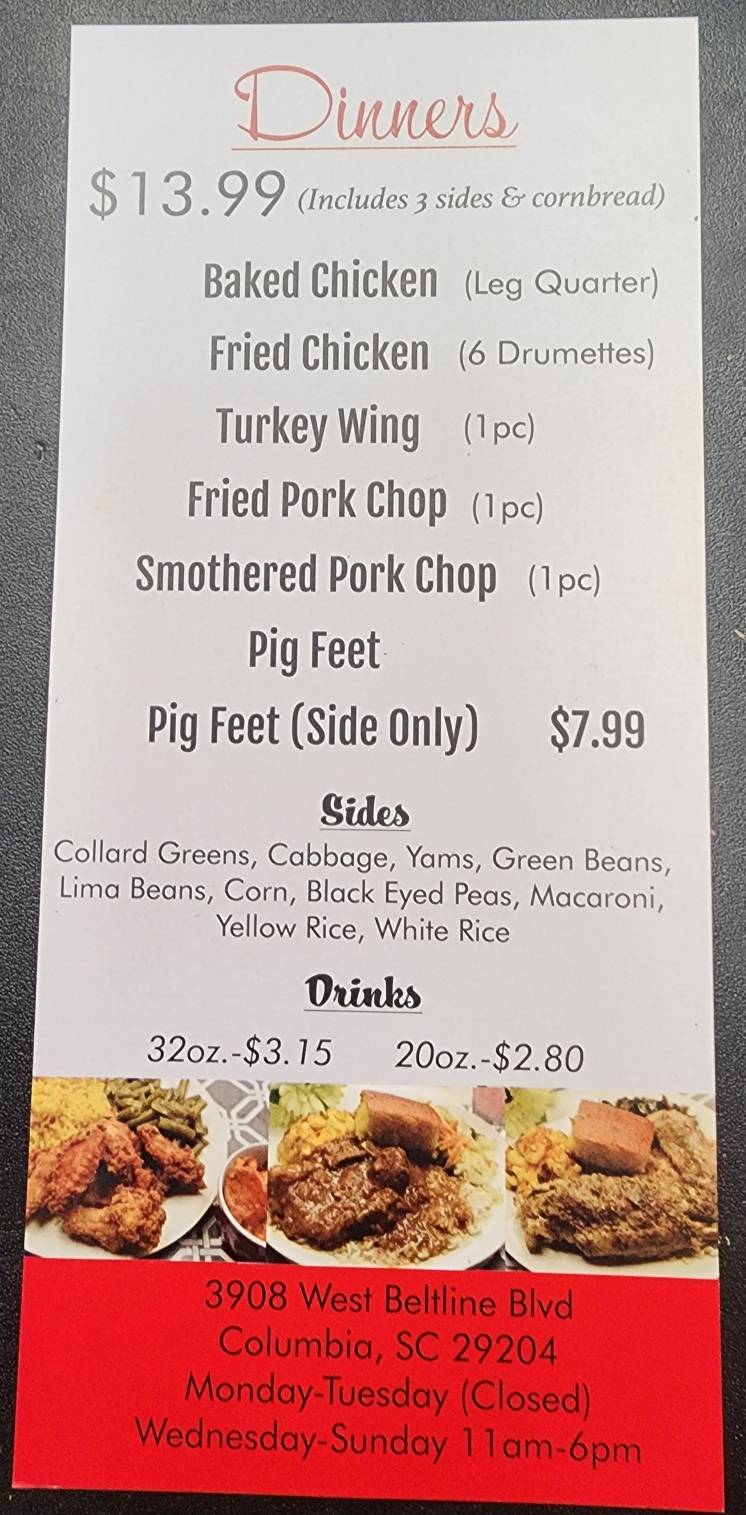Menu at BIG BONE TAKE OUT restaurant, Columbia