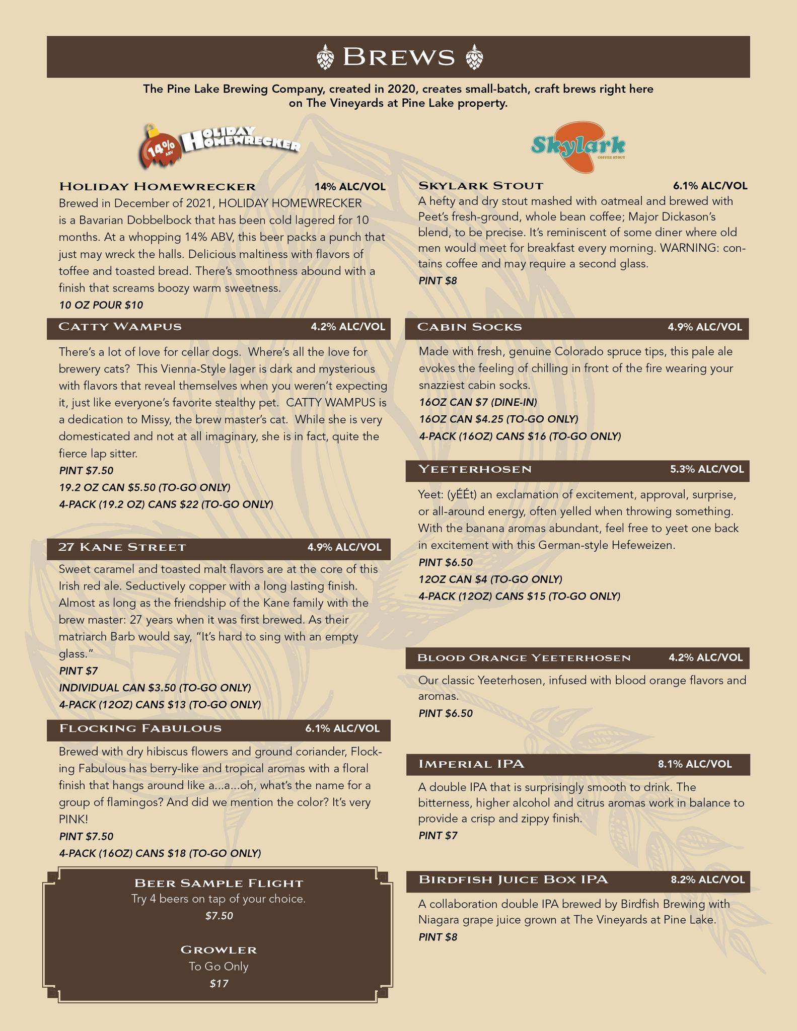 Menu at Vineyards at Pine Lake pub & bar, Columbiana