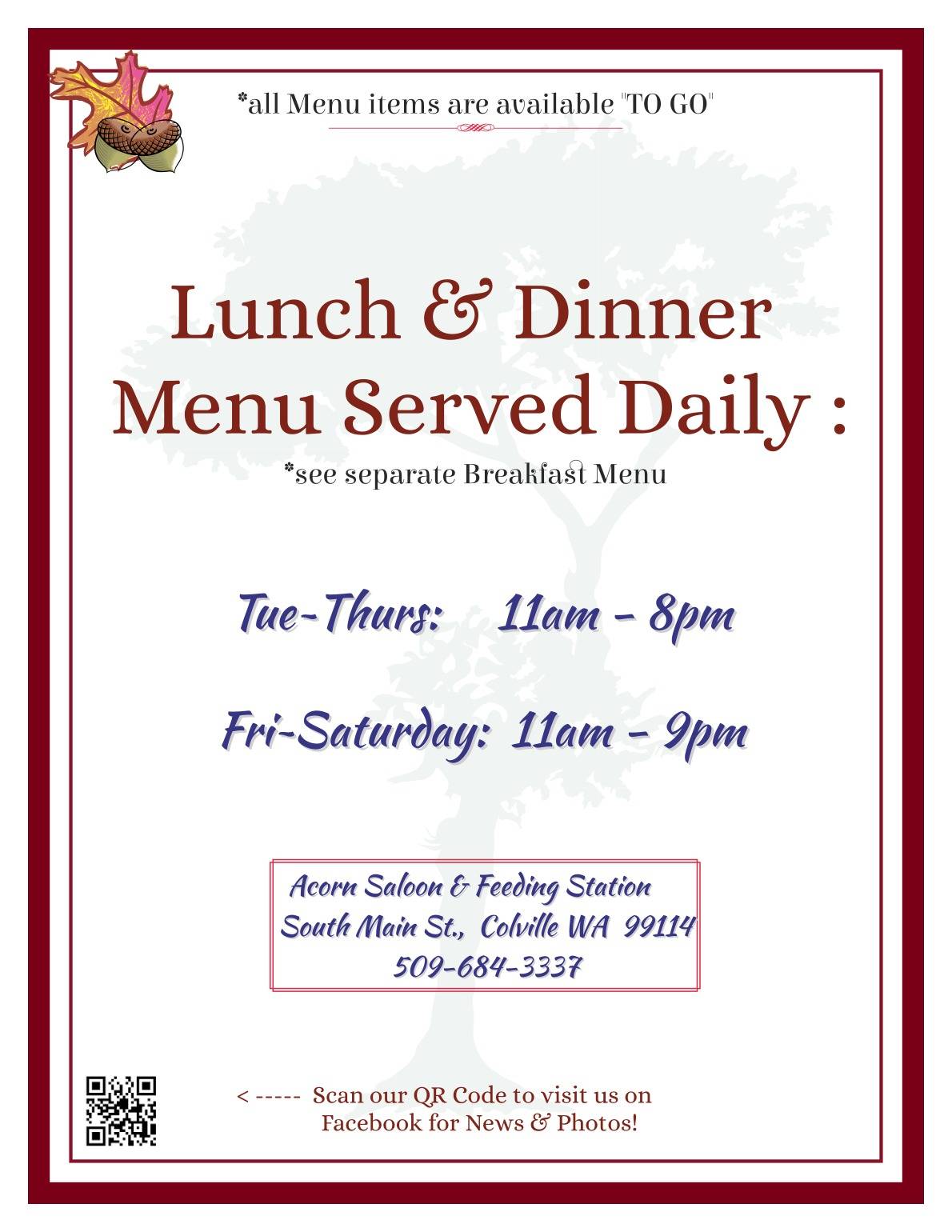 Menu at Acorn Saloon & Feeding Station pub & bar, Colville
