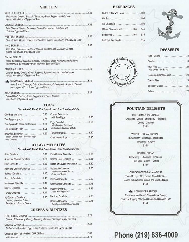 Menu at Commander Restaurant, Munster