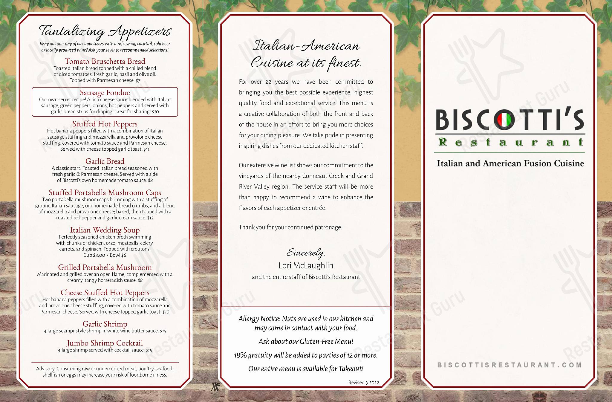Menu at Biscotti's Restaurant, Conneaut